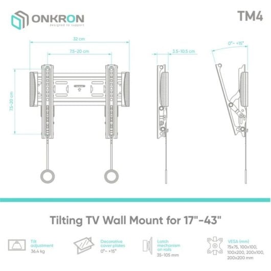 Onkron TM4-B Soporte de TV Ultra Delgado Inclinable de Pared 17"-43" VESA 200x200 Máx. 36.4Kg ...